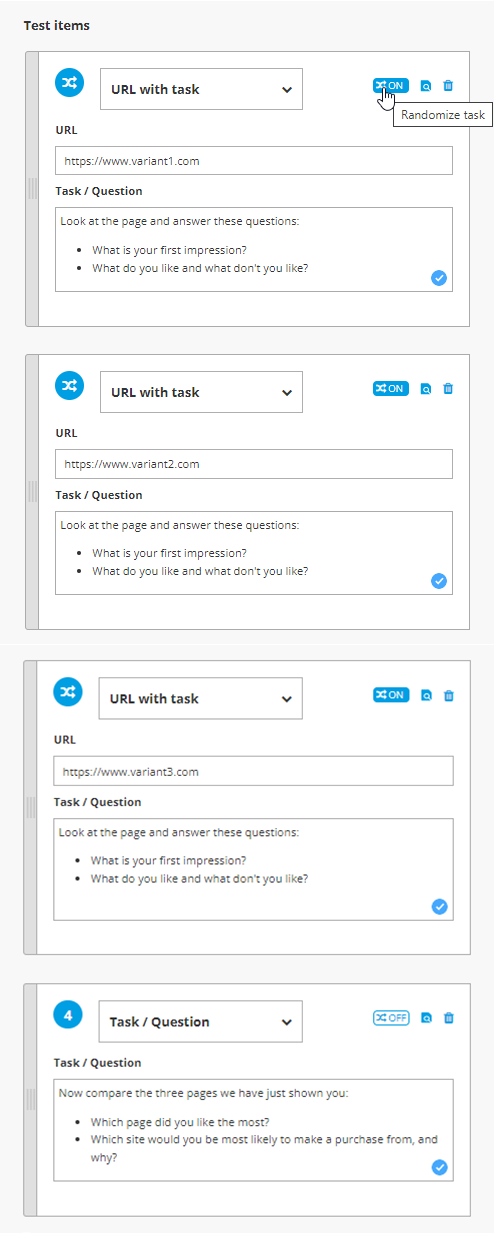 Perform comparative testing with task randomization